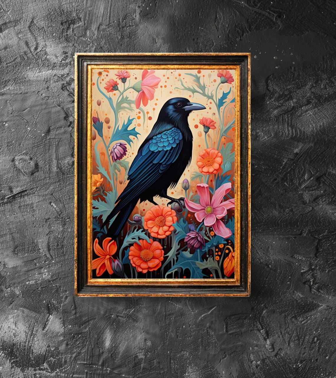 Black Crow With Flowers, Black Crow Art, Crow Lover Gift, Gothic Victorian Crow, Dark Academia ...