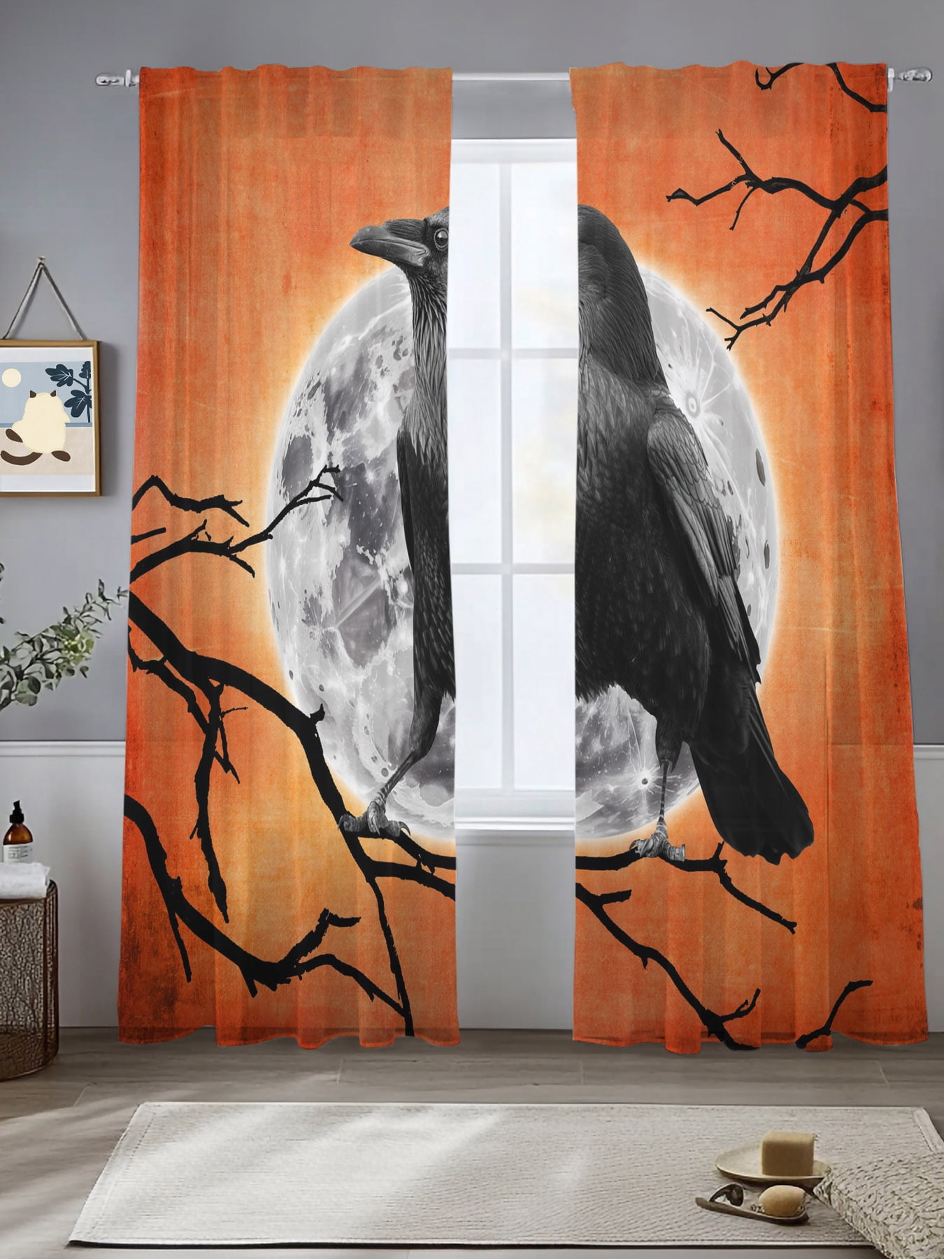 Black Crow Halloween Dead Branch Chiffon Sheer Curtains 84 Inches Long ...