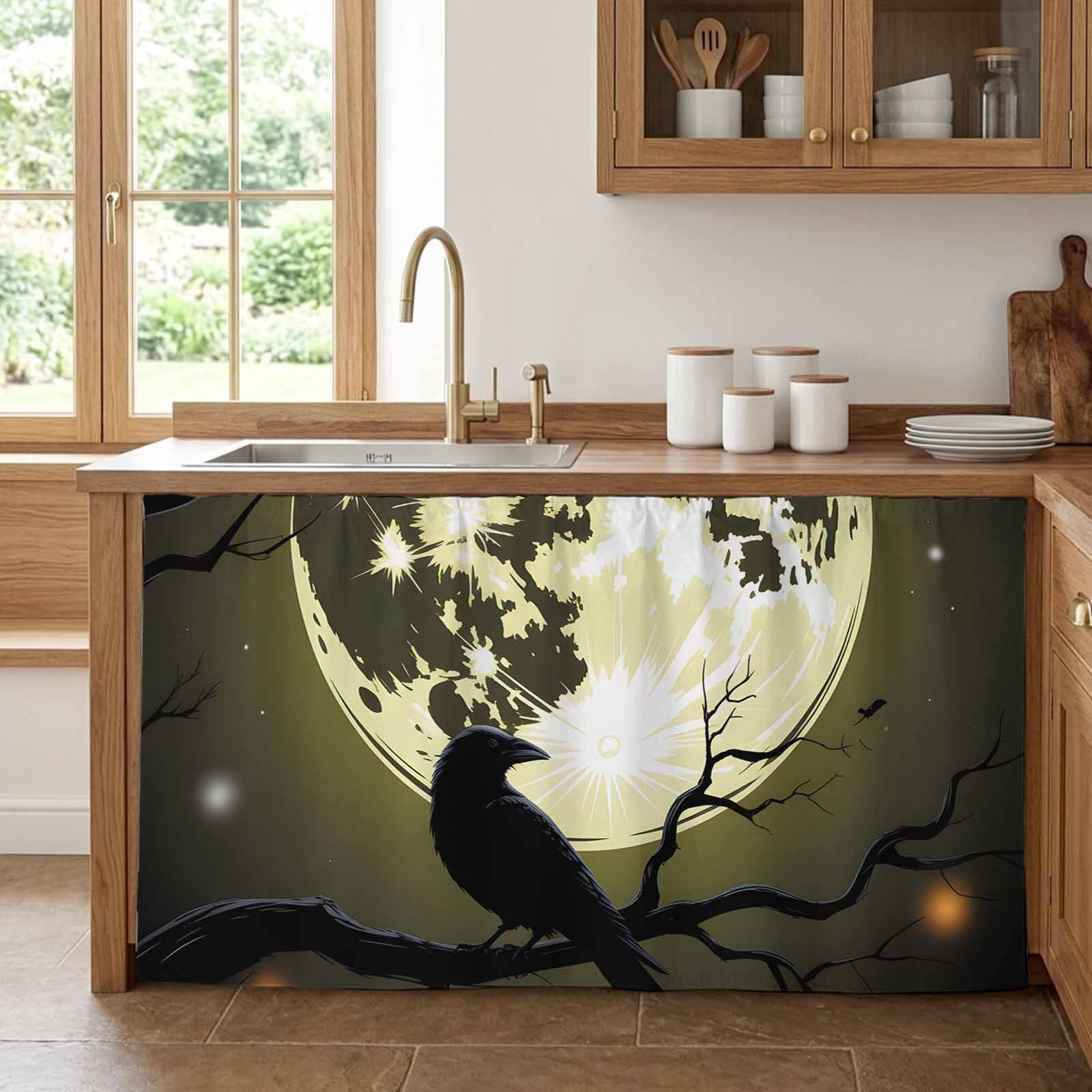 Black Crow Moon Halloween Cabinet Curtain 28"Wx51"L,Dustproof Storage ...