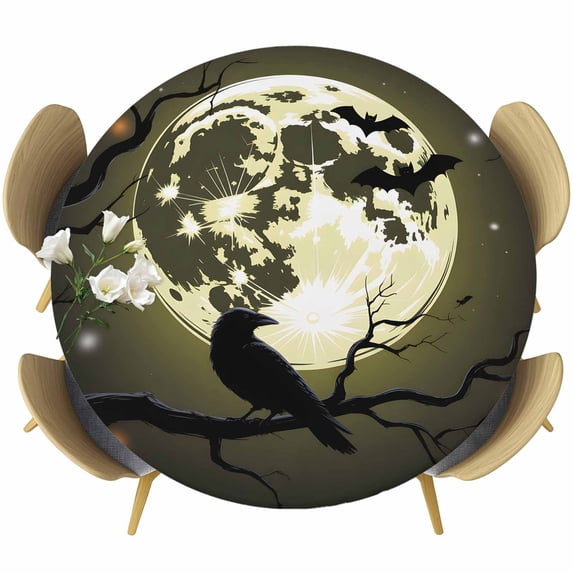 Black Crow Moon Halloween Round Tablecloth, Fitted Table Cover with ...