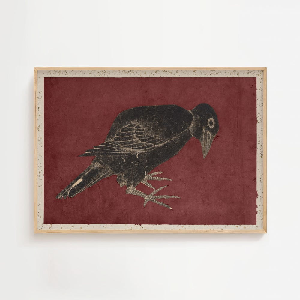 Black Crow Norse Folk Art Poster Mystical Raven Woodblock Illustration ...