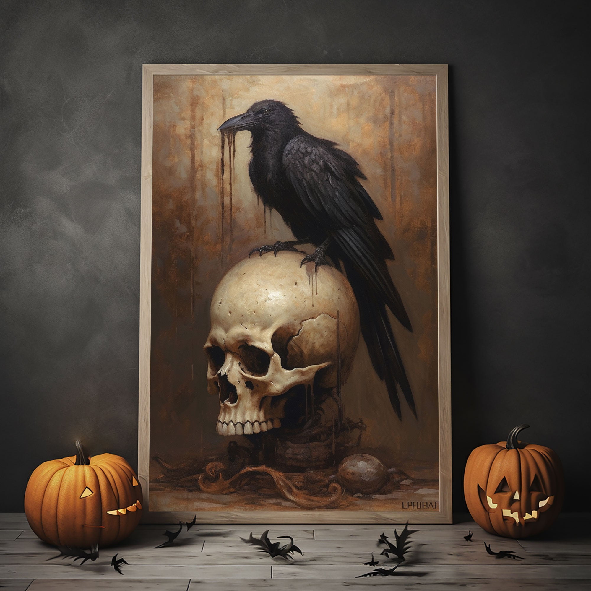 Black Crow On Skull Head Print Poster, Black Crow Dark Romantic Creepy ...