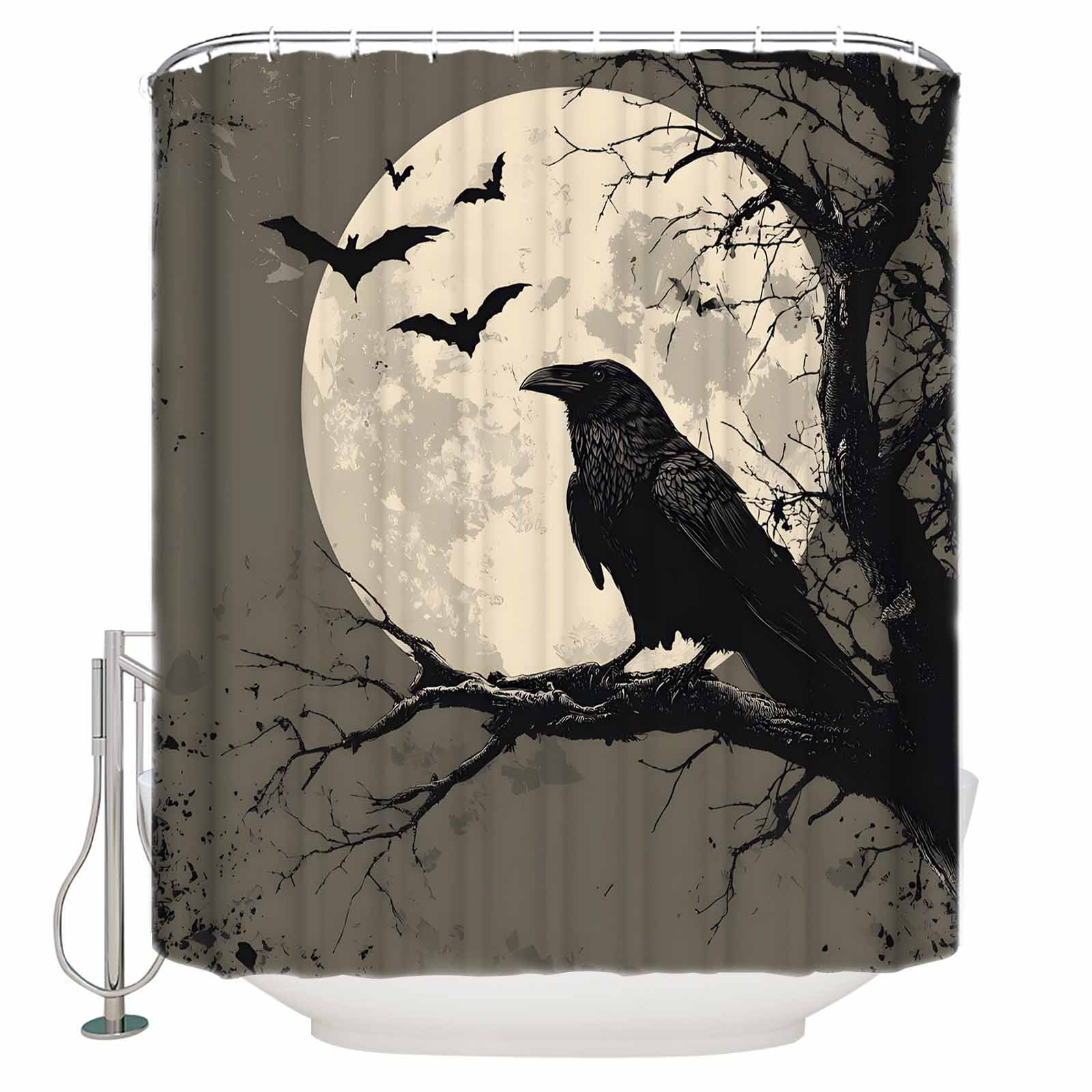 Black Crow Shower Curtain Set ，Waterproof Fabric Shower Curtains Bat ...