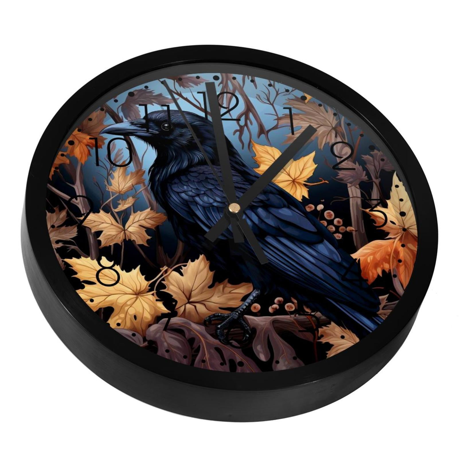 Black Crow Standing on Leave Silent Wall Clock, Non Ticking Battery ...