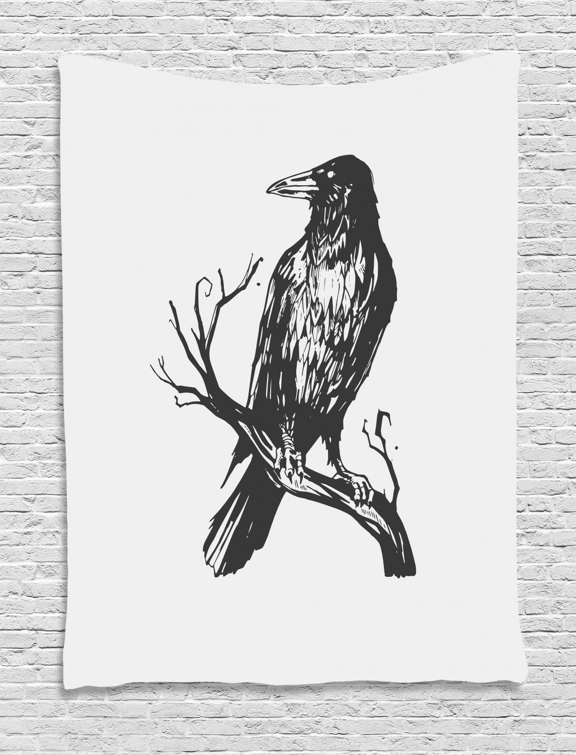 Black Crow Tapestry, Monochromatic Design of Bird on Bare Branch ...