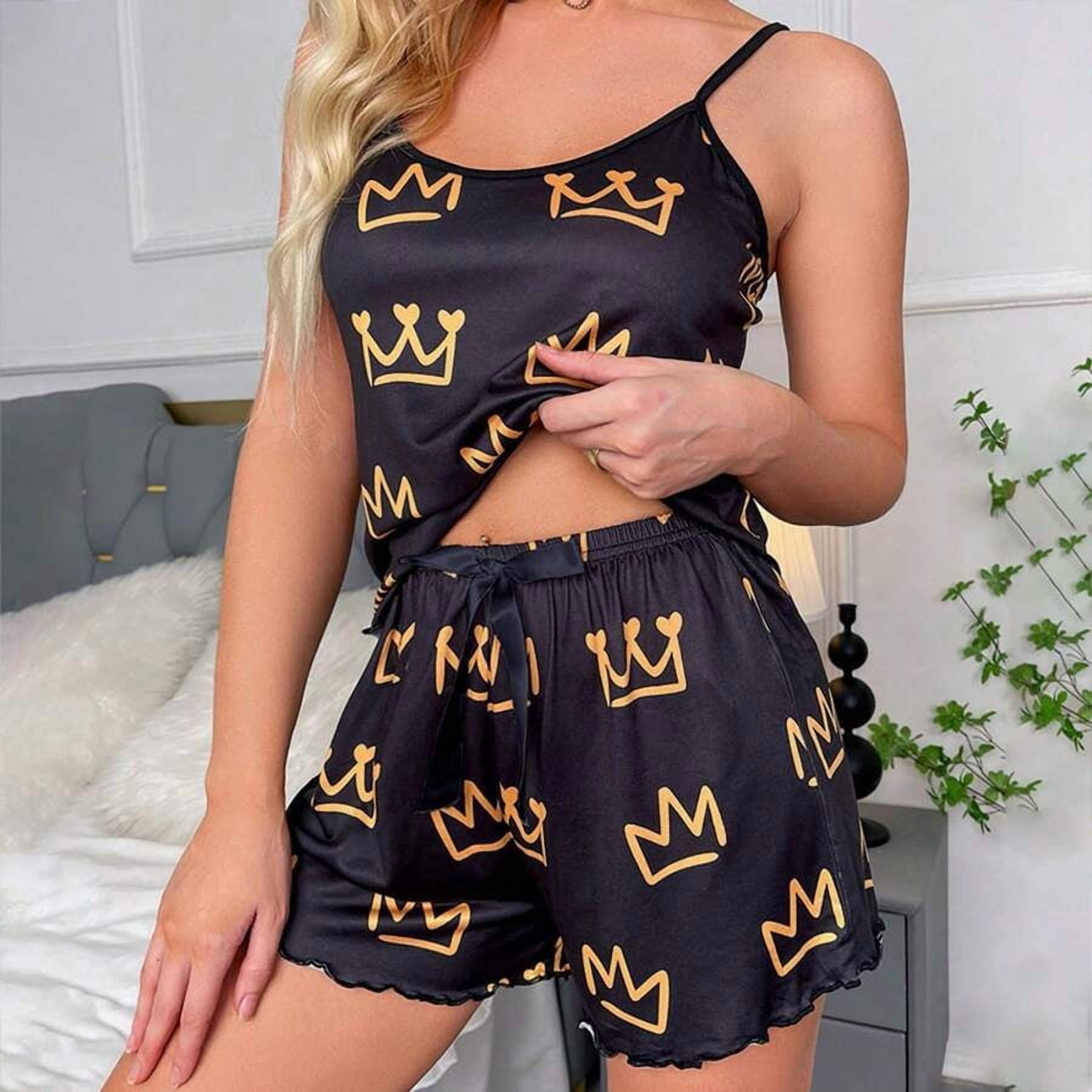 Black Crown Print Satin Cami Top & Shorts Pajama Set For Women ...
