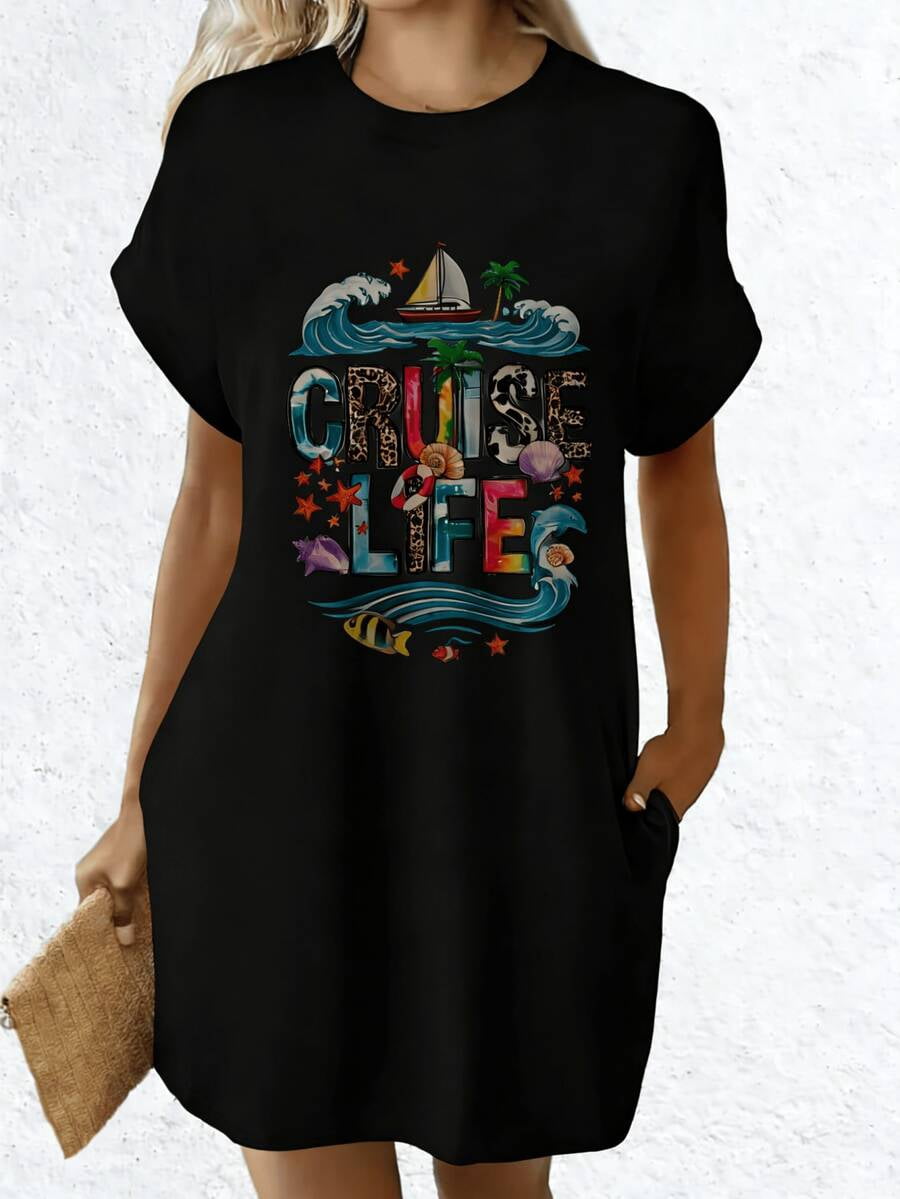 Black Cruise Life Graphic Print Womens Oversized T-Shirt Dress, Casual ...