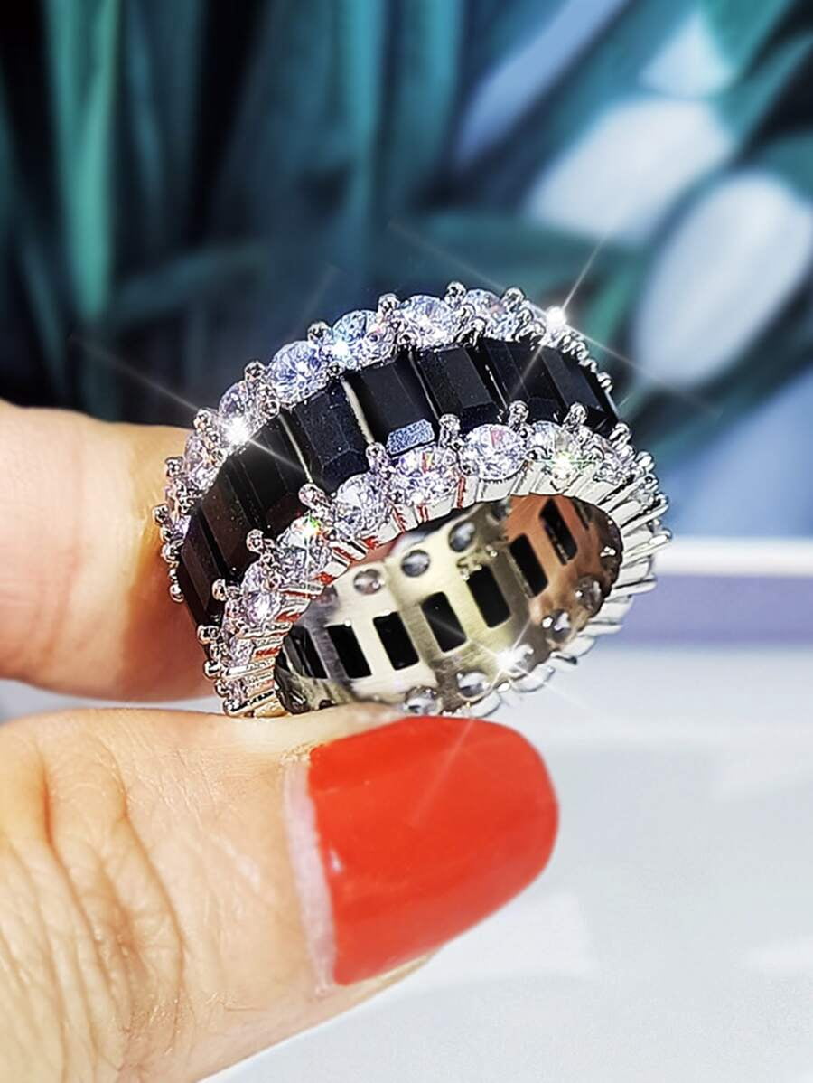 Black Cubic Zirconia Eternity Band Ring With Baguette And Round Stones ...