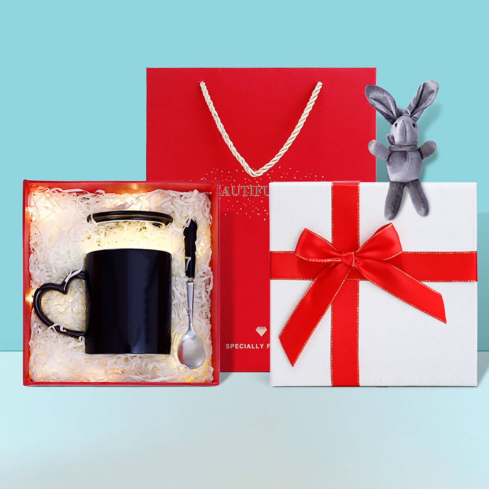 Black Cup with Red Ribbon Gift Box (Lid + Spoon + Gift Bag)-Custom ...