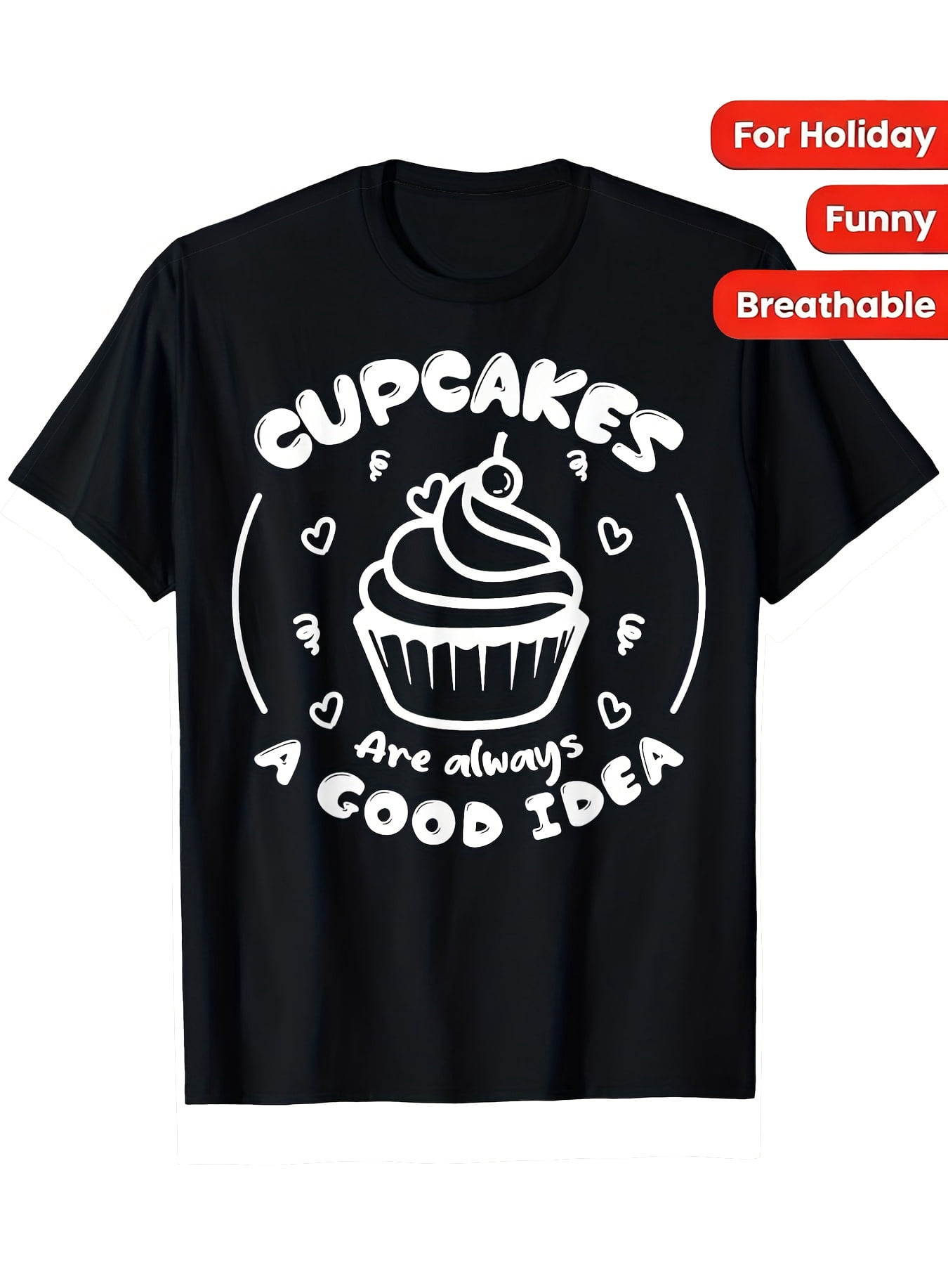 Black Cupcake Graphic Tee Playful Print with Cherry and Hearts Funny ...