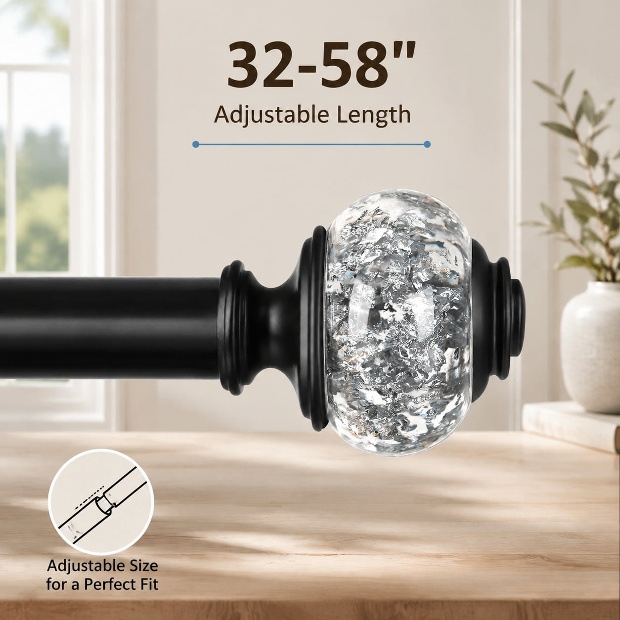 Black Curtain Rod 32-58 Inch Adjustable Drapery Rod with Crystal ...