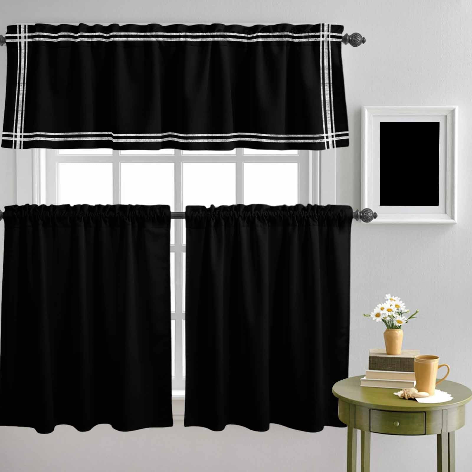 Black Curtain Tier and Valance Set 3 Piece, Solid Color 3-inch Rod ...