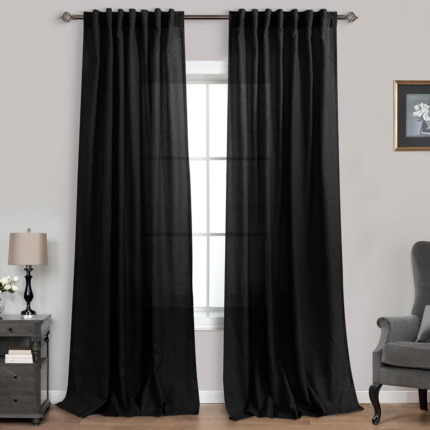 Black Curtains 108 Inches Long for Living Room,Light Filtering Semi ...