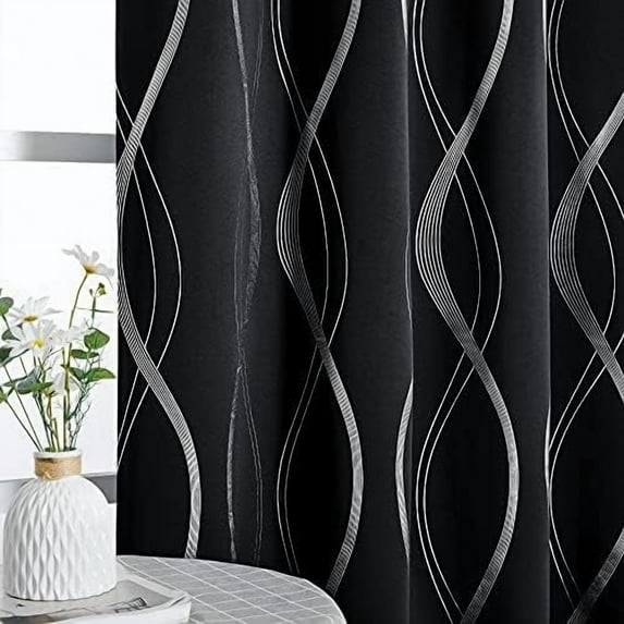 Black Out Curtains for Small Window - Foil Printed Wave Lines Thermal ...