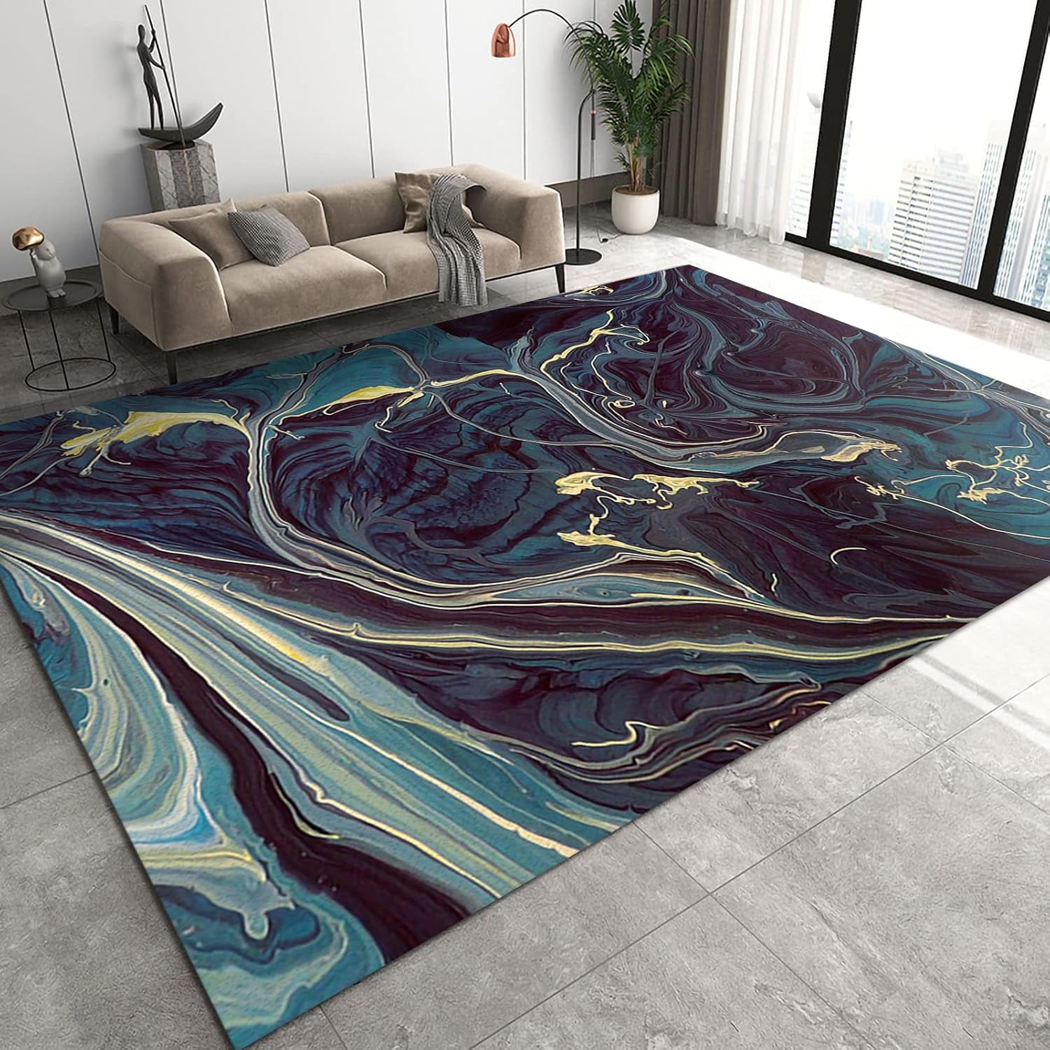 Black Curved Lines Abstract 3D Carpet, Modern Non-Slip Living Room Area ...