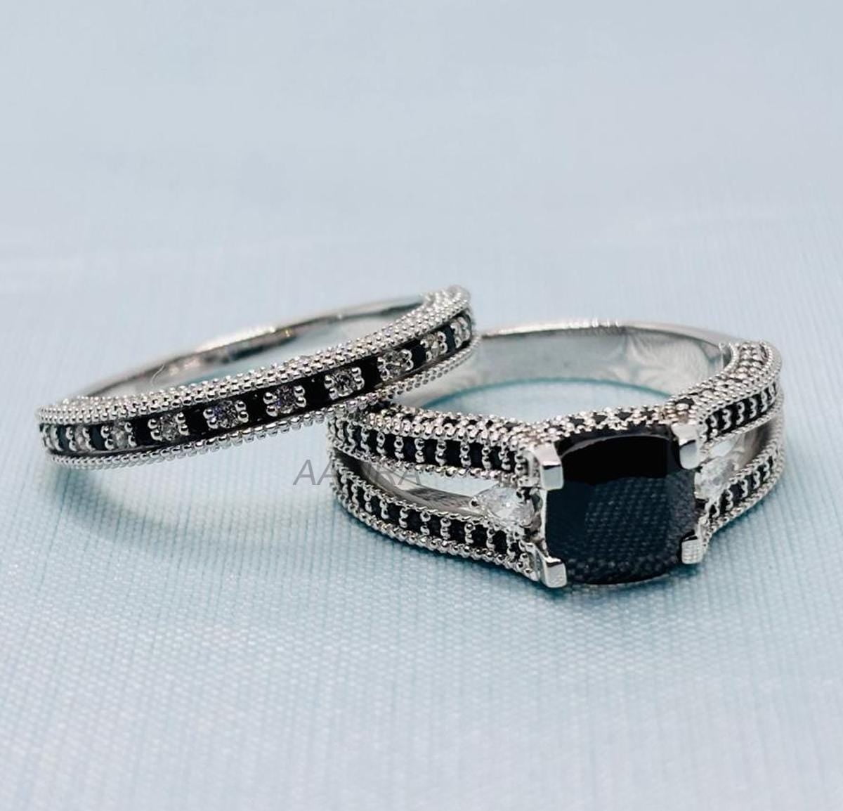 Black Cushion Cut Diamond Eternity Wedding Ring Set, 14K White Gold ...