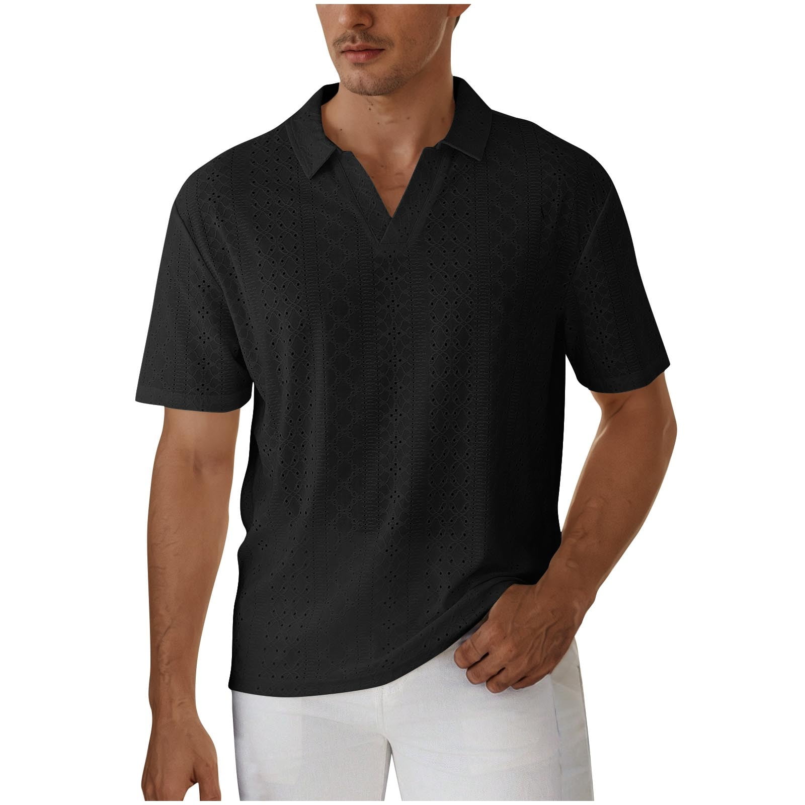 Black Cut Out Plain Casual Shirts for Man Fall Summer Short Sleeve ...