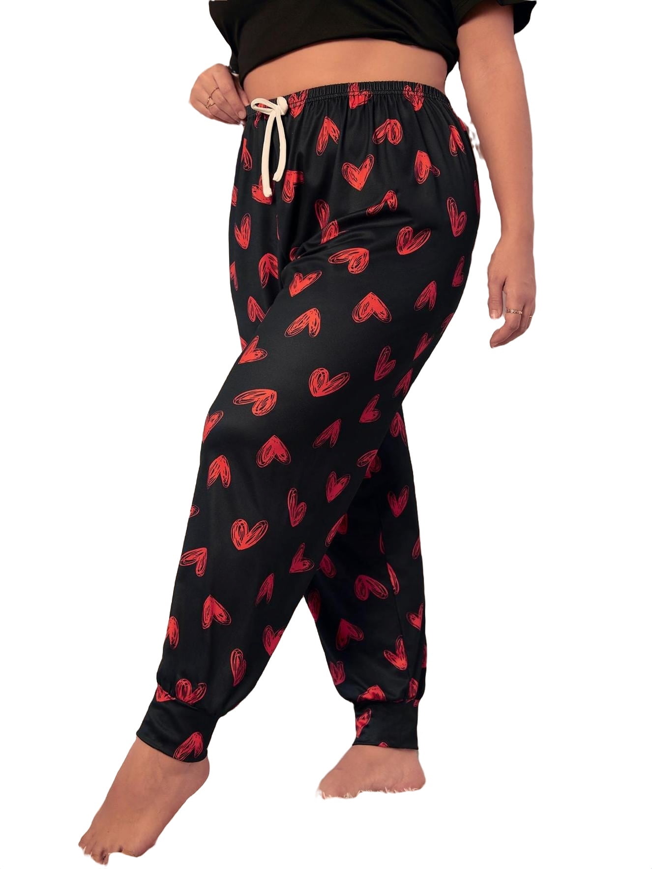 Black Cute All Over Print Plus Size Sleep Bottoms (Women's Plus ...