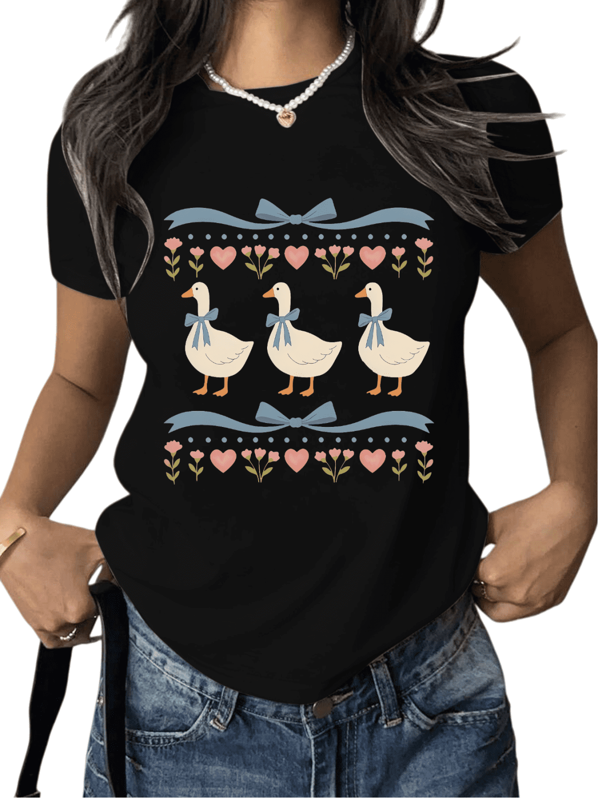 Black Cute Bow Tie Duck Heart Flower Print Tshirt Graphic Tees Shirts ...