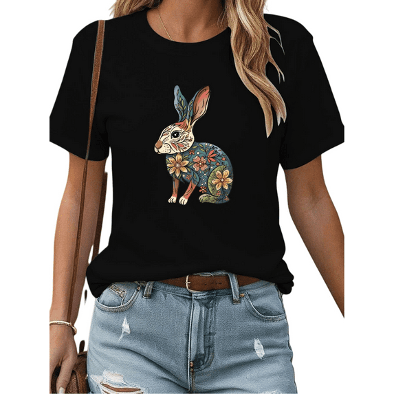 Black Cute Bunny Print Tshirt Folk Art Graphic Tees Animal Lover Shirts ...