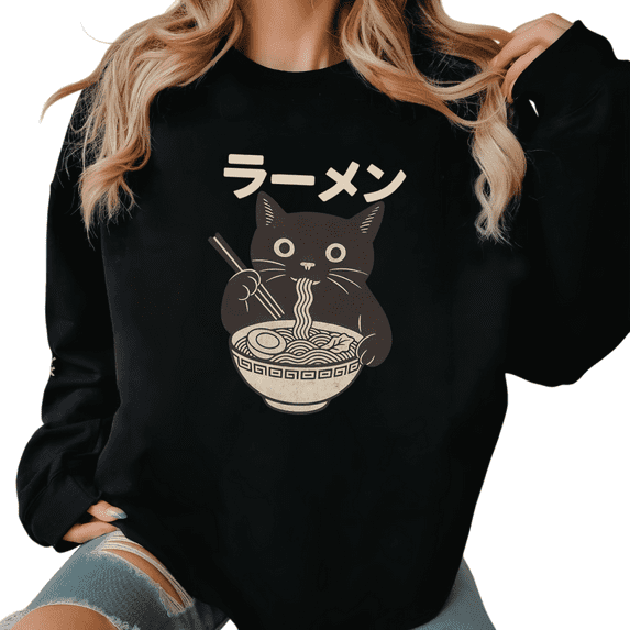 Black Cute Cat Eating Ramen Sweatshirt Japanese Style Cartoon Graphic ...