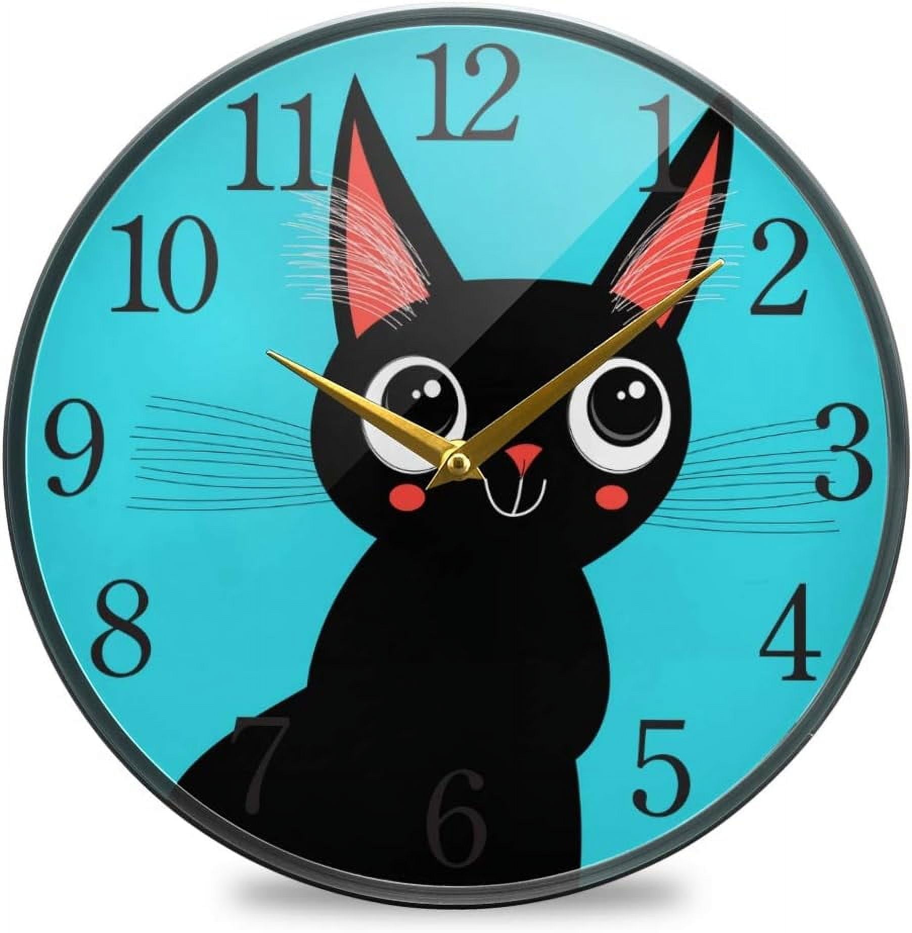 Black Cute Cat Pattern Wall Clock Silent Non Ticking 10 Inch Round Easy ...
