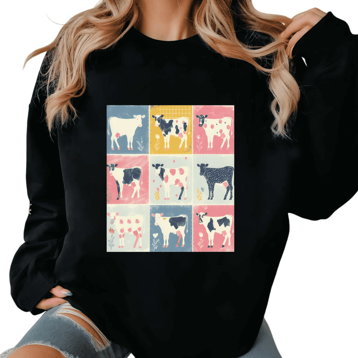 Black Cute Cow Print Sweatshirt Graphic Sweatshirt Country Farm Gift S ...