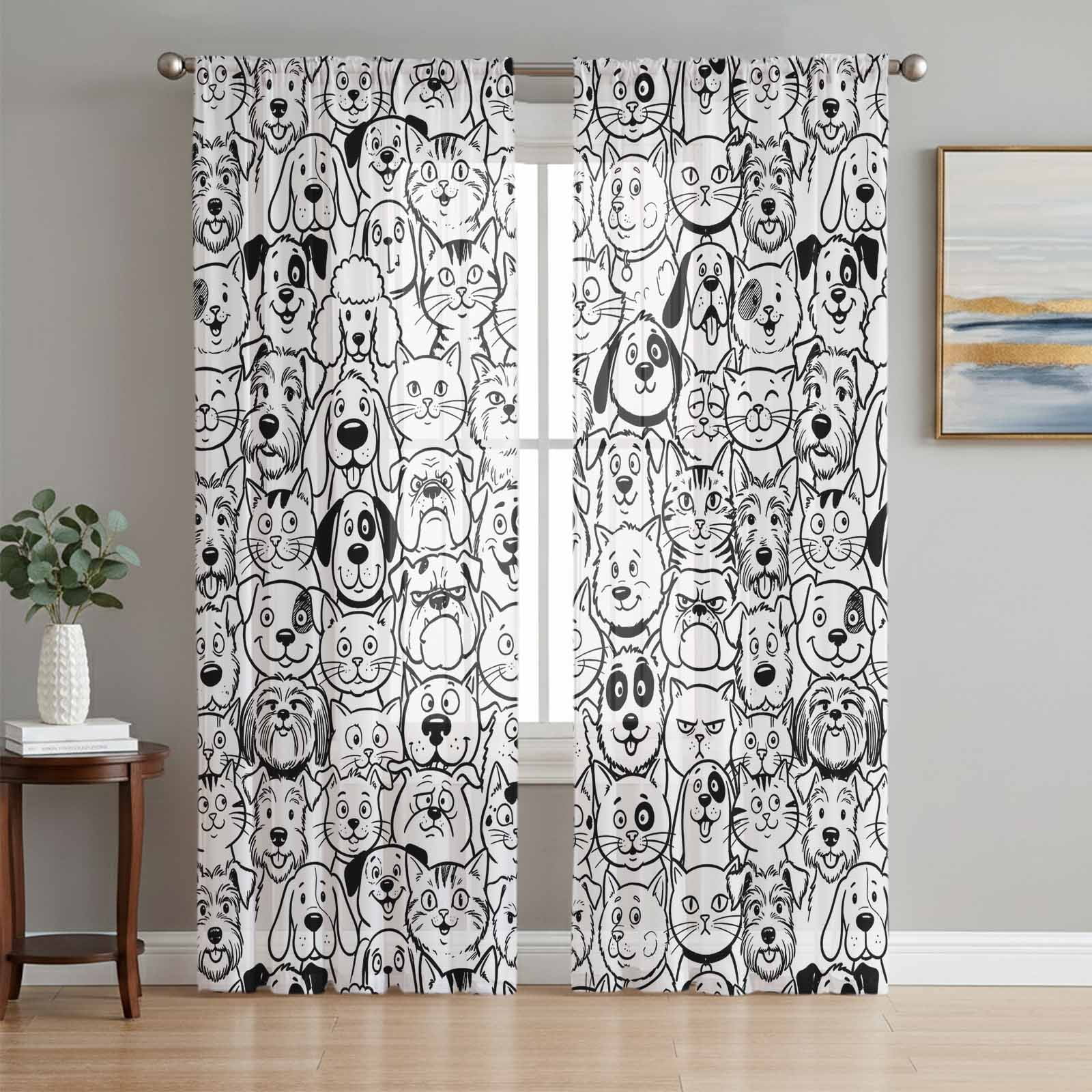 Black Cute Dog Cat Sheer Curtains for Living Room Bedroom Cartoon ...