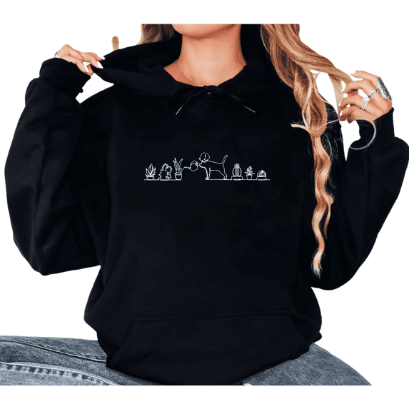Black Cute Dog & Succulents Line Art Hoodie Graphic Hoodies Relaxed ...