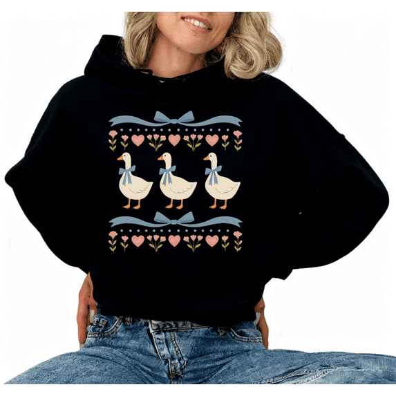 Black Cute Duck Pattern Hoodie Graphic Hoodies Whimsical Pastel ...