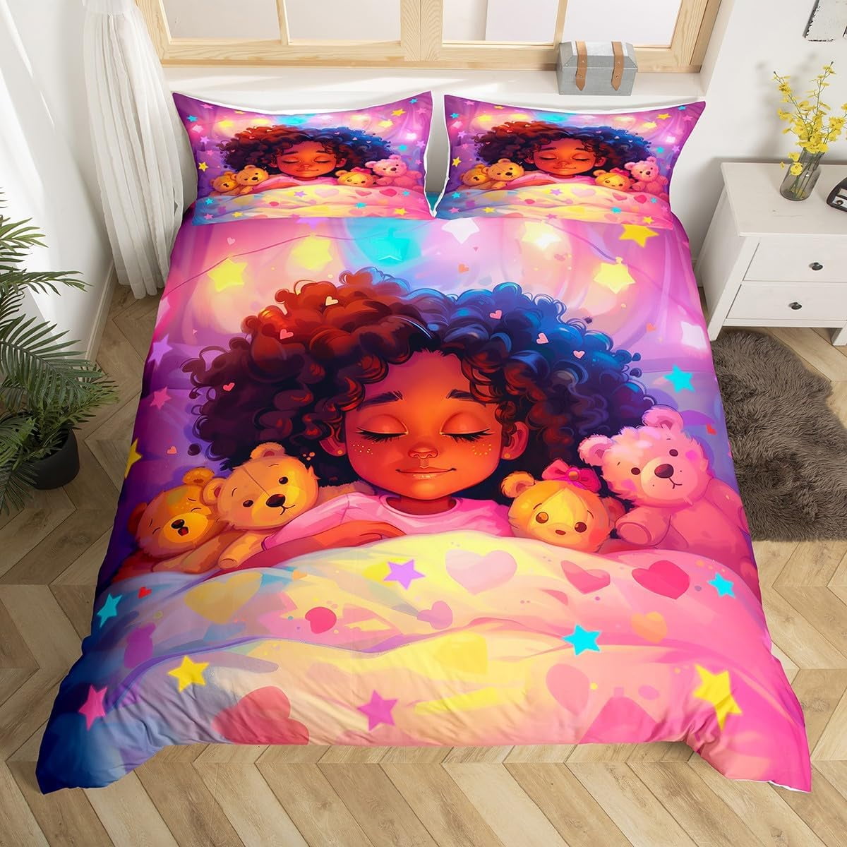 Black Cute Girl Duvet Cover,Kawaii Sleeping Kid Cartoon Toy Duvet Cover ...