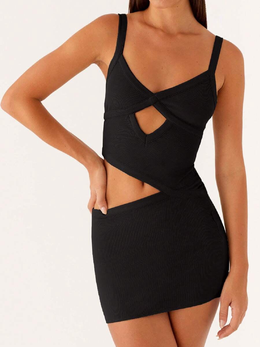 Black Cutout Mini Dress With Spaghetti Straps V-Neck Bodycon Short ...