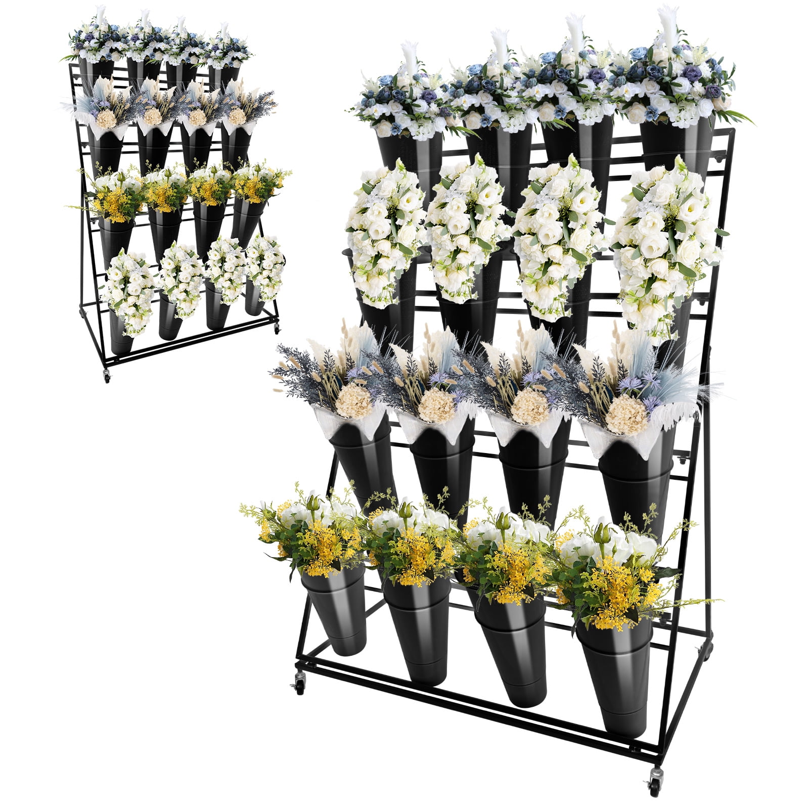 Black Cylinder Flower Stand with Wheels, Movable Floral Bouquet Shelf ...