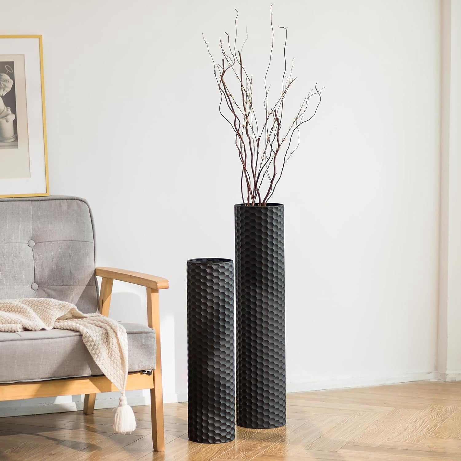 Black Cylinder Tall Floor Vase: 27.6/21.7in Metal Extra Large Drative ...