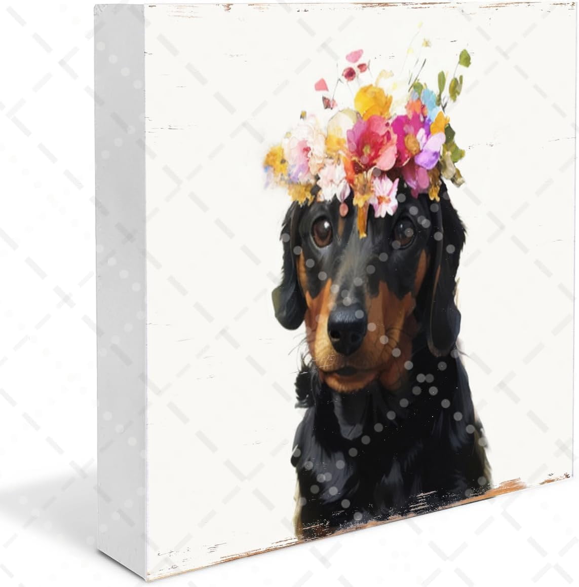 Black Dachshund With Flower Wreathes Wooden Box Sign Table Decor Rustic ...