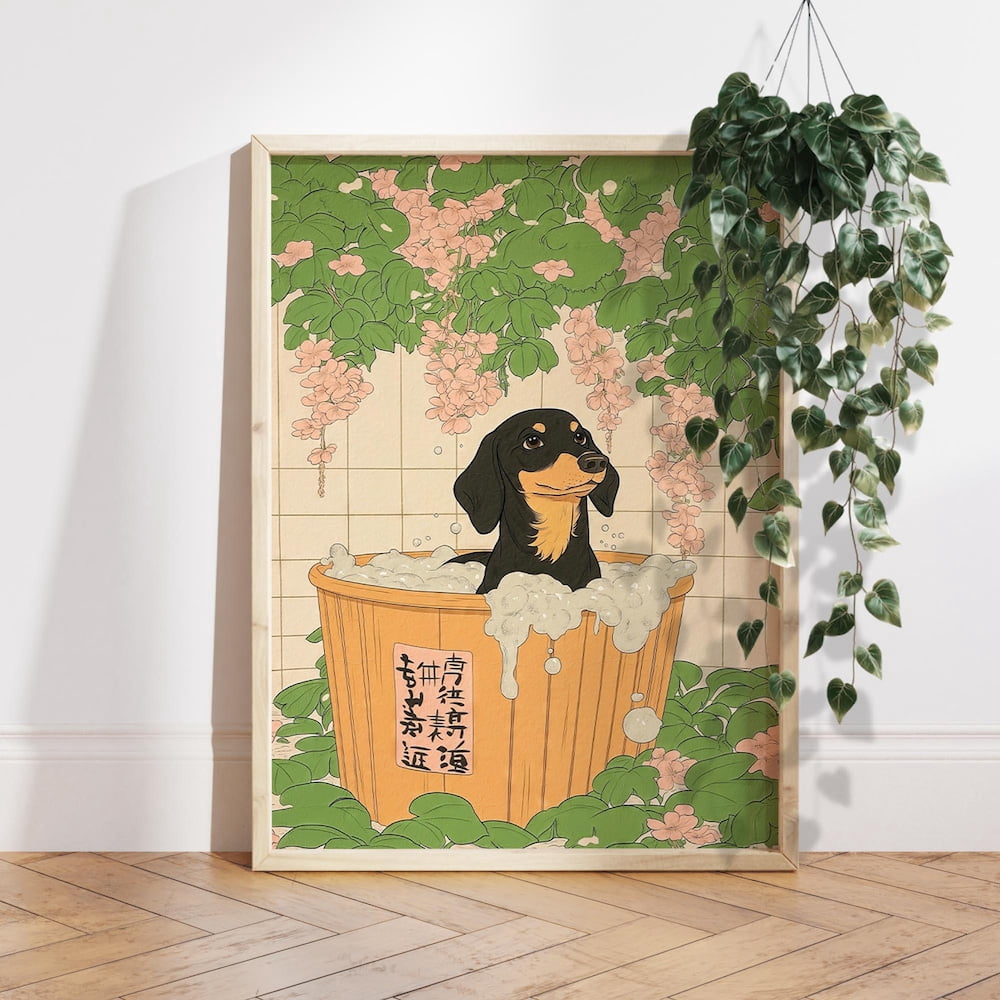 Black Dachshund in bathtub Japanese style bathroom print Japan poster ...