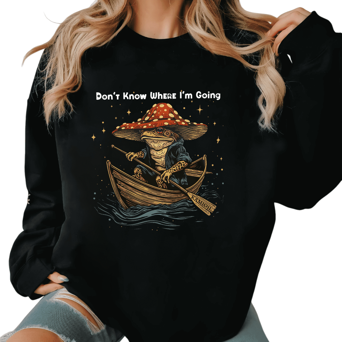 Black Daily Fantasy Mushroom-Cap Frog Rowing Slogan Sweatshirt with ...