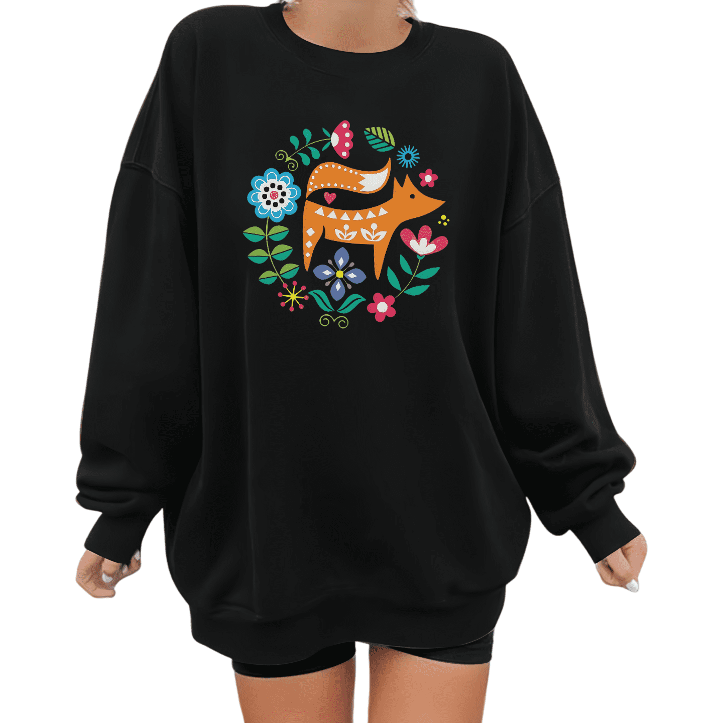 Black Daily Folk Style Flower Cluster Fox Sweatshirt with Folk-Style ...