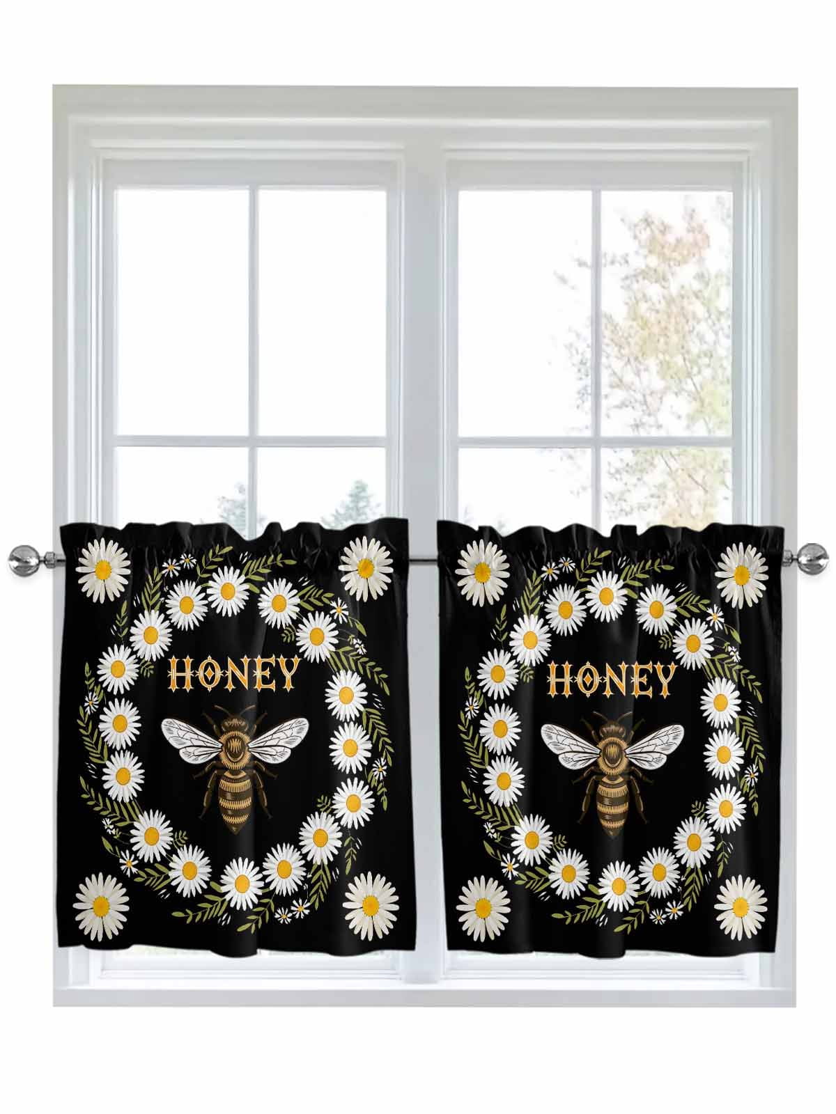 Black Daisy Bees 2 Panel Kitchen Curtains for Small Windows, Spring ...