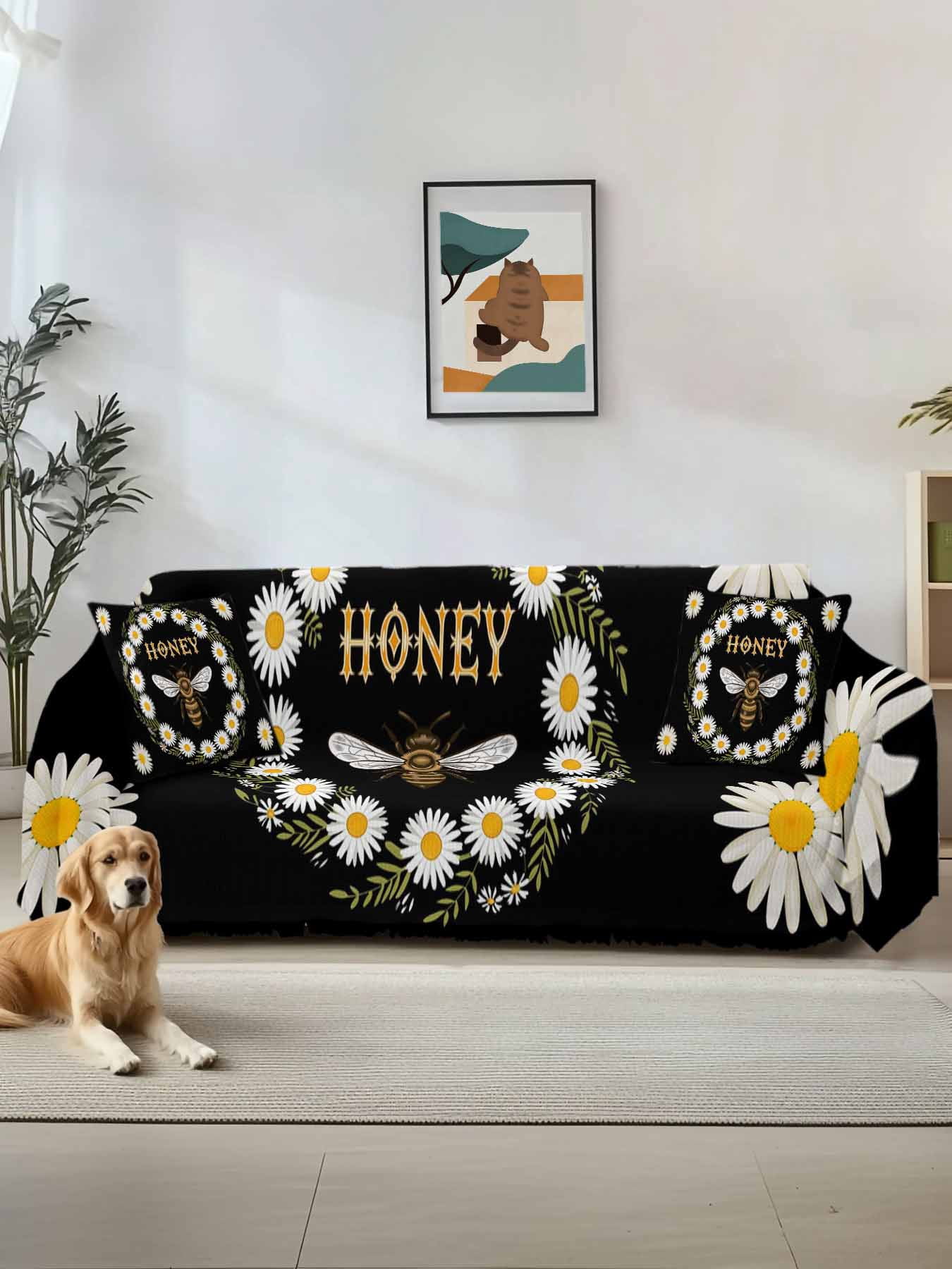 Black Daisy Bees Couch Cover for 2 Cushion Couch, Spring Farmhouse ...