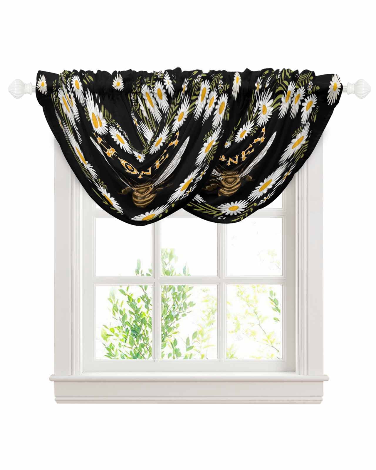 Black Daisy Bees Sheer Waterfall Valance Curtains for Window, Spring ...