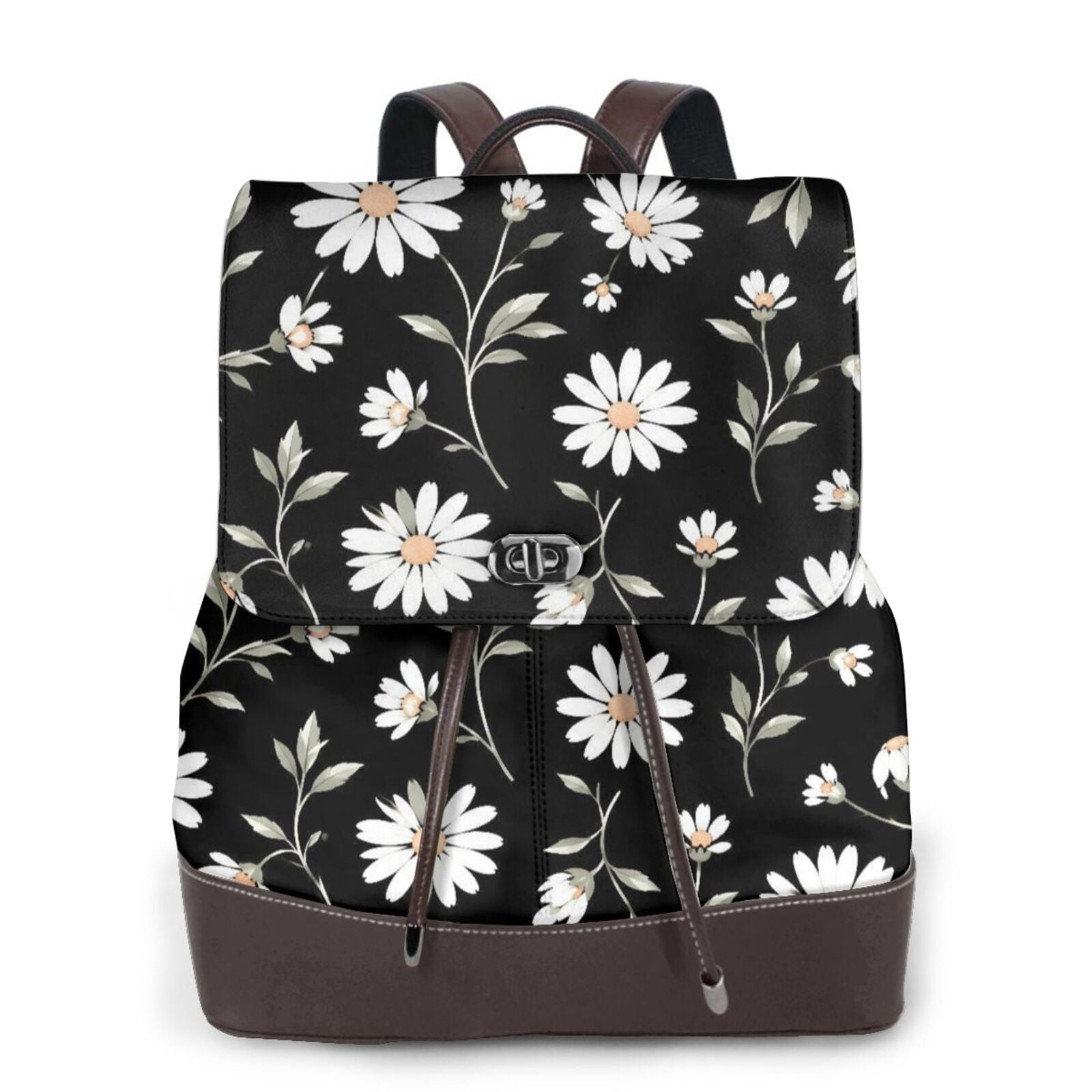 Black Daisy Floral Women's Leather Backpack All-Over Print Bag for Work ...
