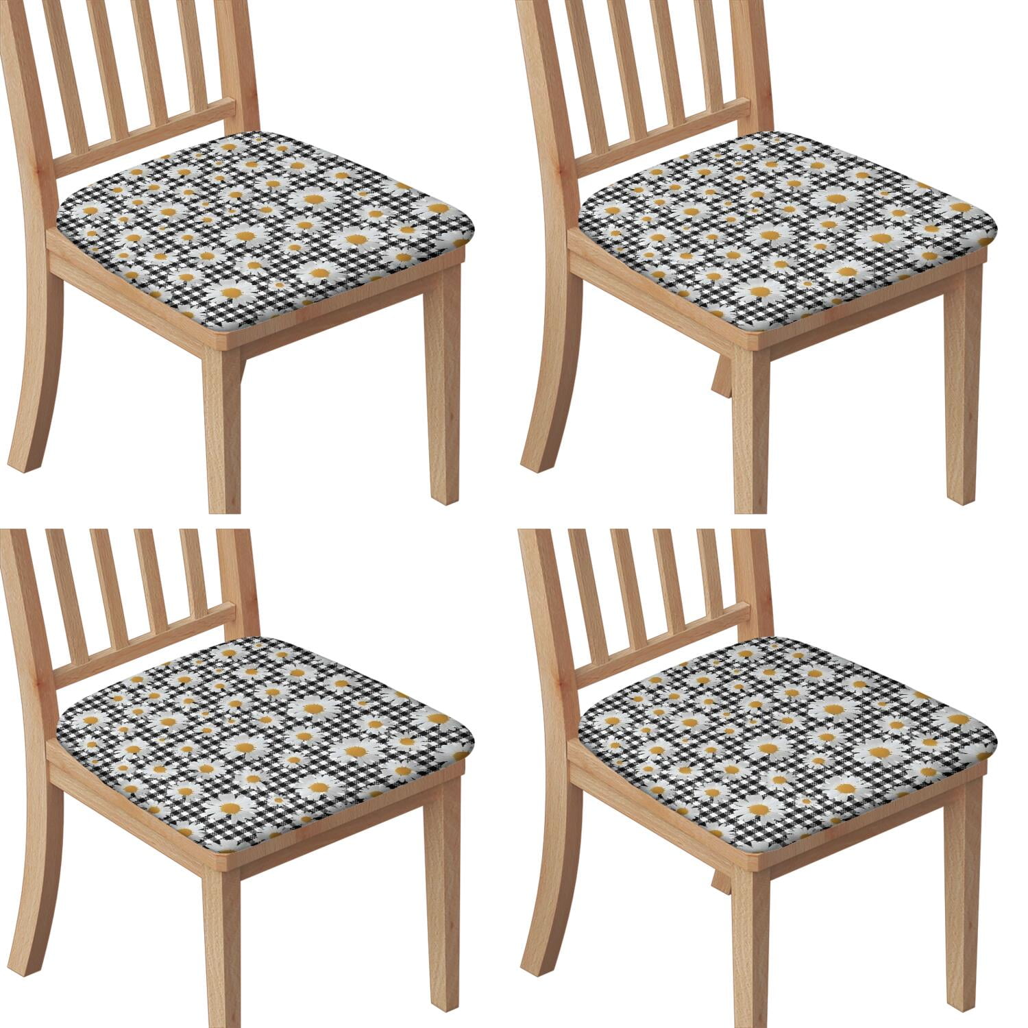 Black Daisy Flower Checkered Pattern Seat Covers for Dining Room Chairs ...