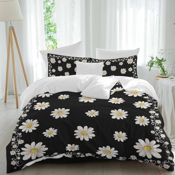 Black Daisy Flower Comforter Set California King Size, Farmhouse Floral ...