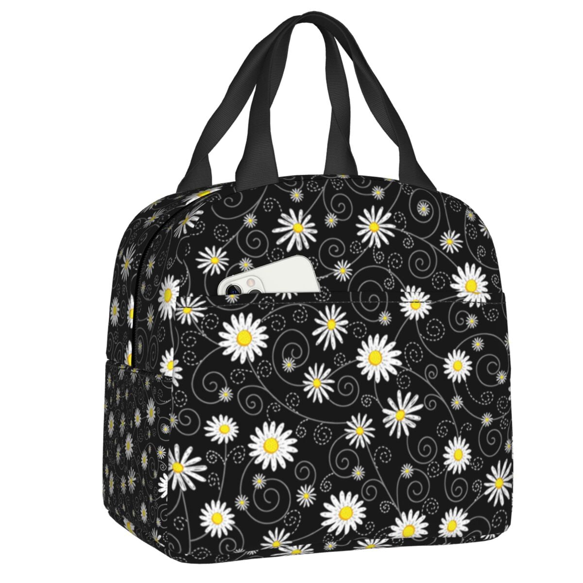 Black Daisy Flower Lunch Bag Daisies Floral Resuable Cooler Thermal ...