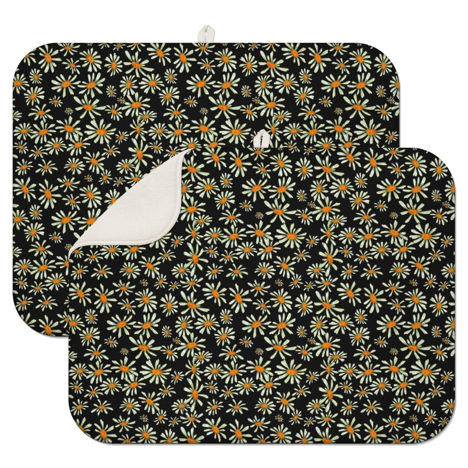Black Daisy Flower Orange Centers Pattern Dish Drying Mat for Kitchen 1 ...