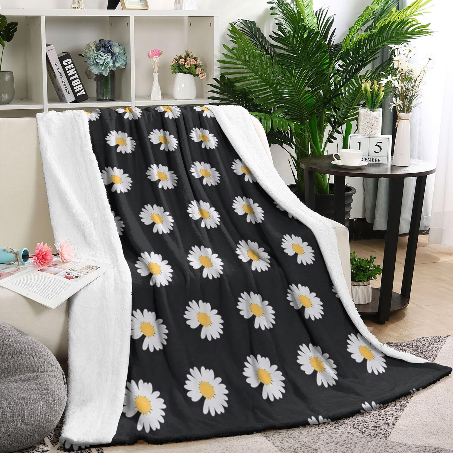 Black Daisy Flower White Blooms Pattern Blanket,Comfortable Soft Lamb Wool Throw Blanket,All ...
