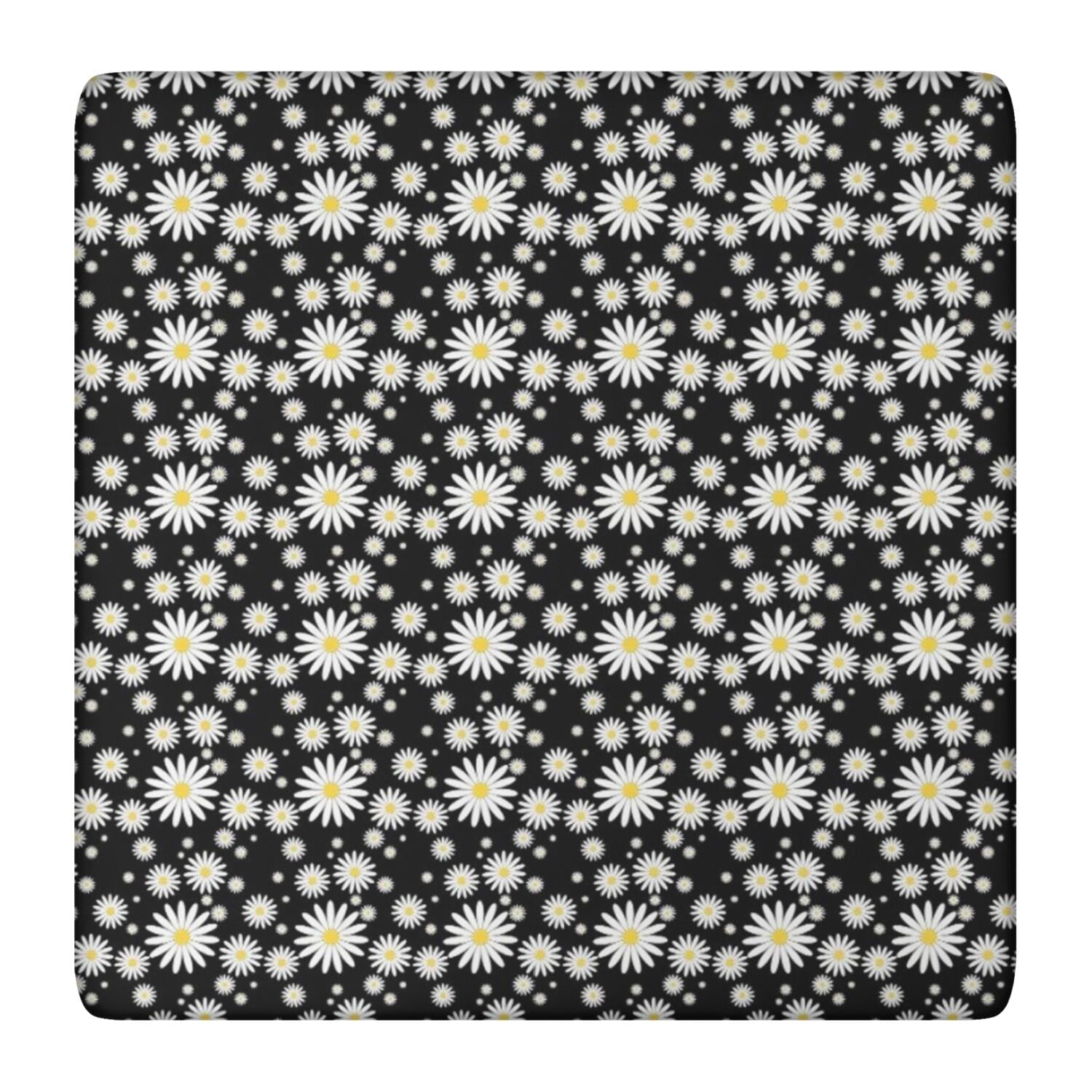 Black Daisy Flower White Blooms Pattern Square Fitted Tablecloth with ...