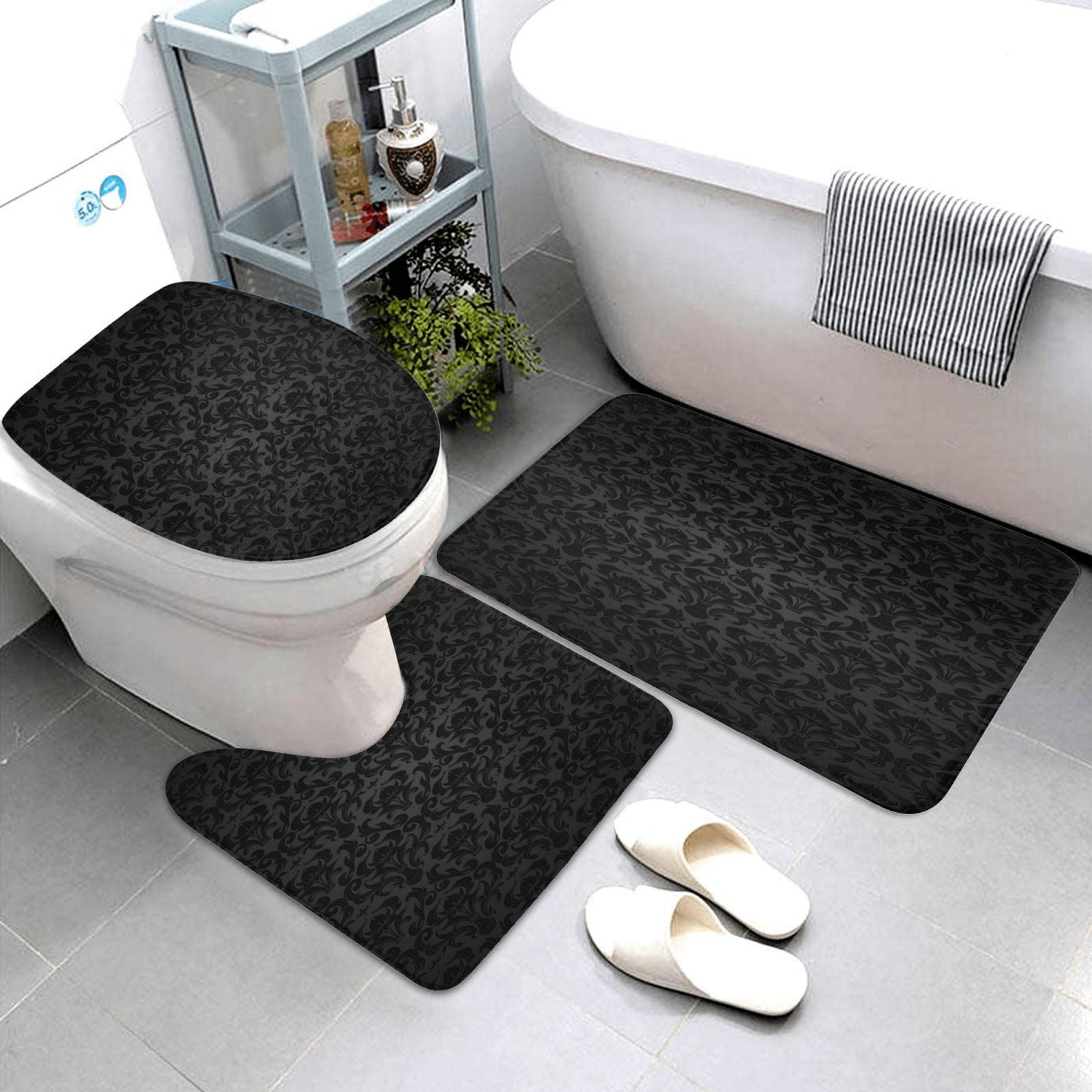Black Damask Background Bath Mat Set 3 Piece Non Slip Rug Toilet Lid ...