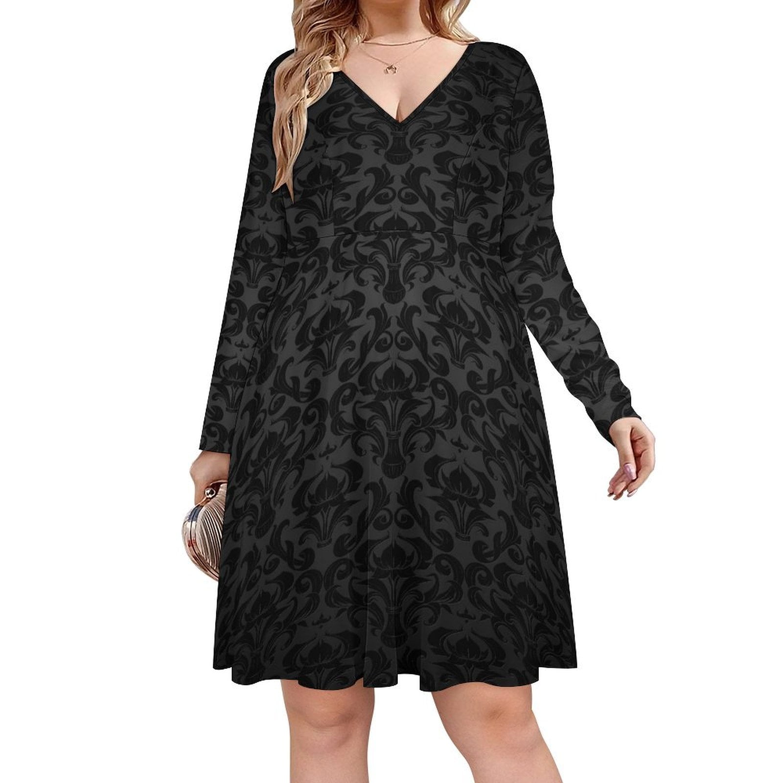 Black Damask Background Long Sleeve Dresses For Women Vintage Elegant Party Dress Oversized V ...